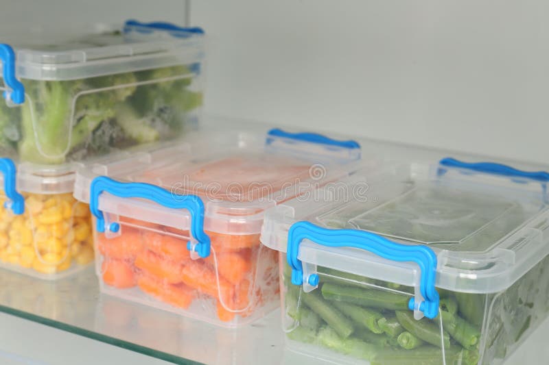 Plastic Containers with Different Frozen Vegetables in Refrigerator ...