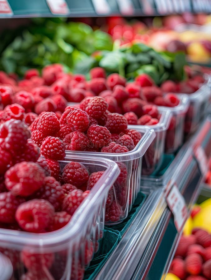 Plastic Containers Filled with Fresh Raspberries in a Store Stock Photo - Image of market, fresh ...