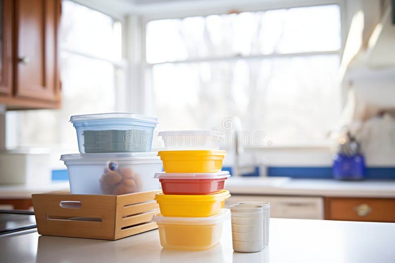 Plastic Containers with Lids, Stacked on a Kitchen Counter Stock Image ...