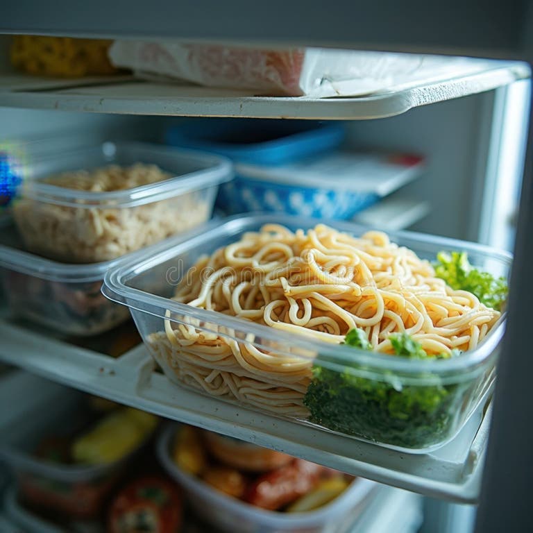 Plastic Containers with Pasta and Vegetables in Refrigerator Shelves ...