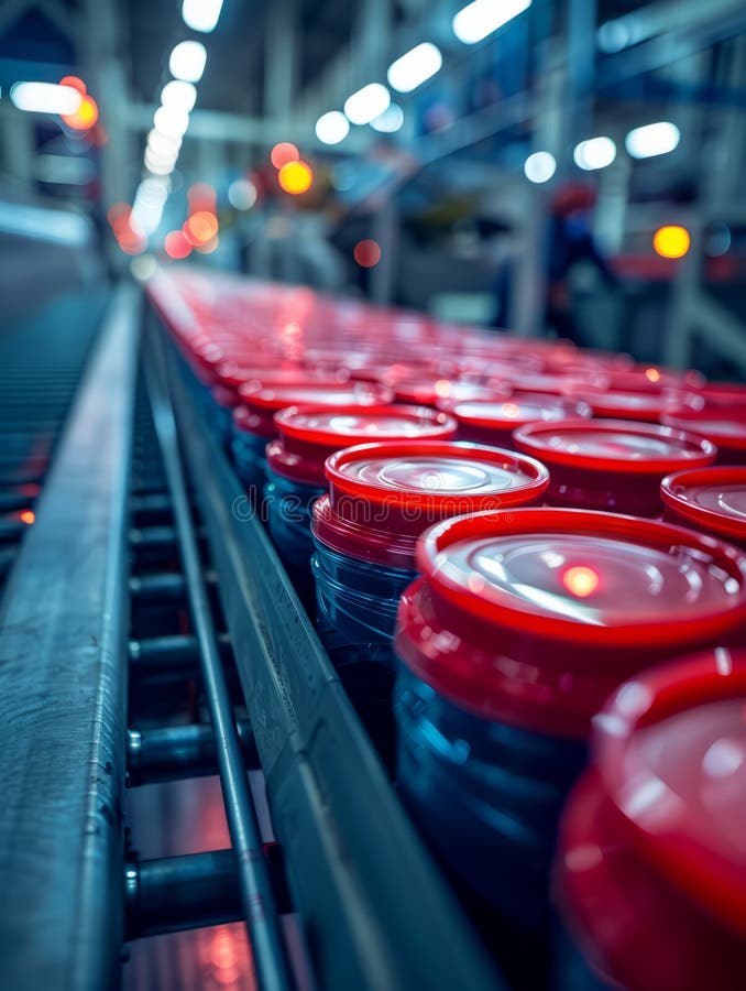 Plastic Containers with Red Lids on a Conveyor in a Modern Factory ...