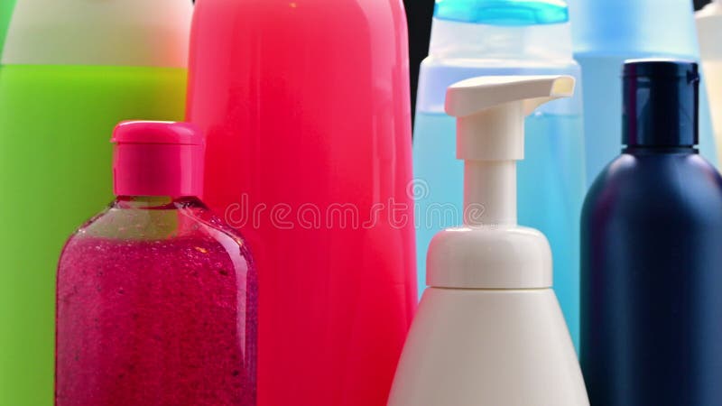 Plastic Containers of Shampoos and Shower Gels Stock Footage - Video of ...