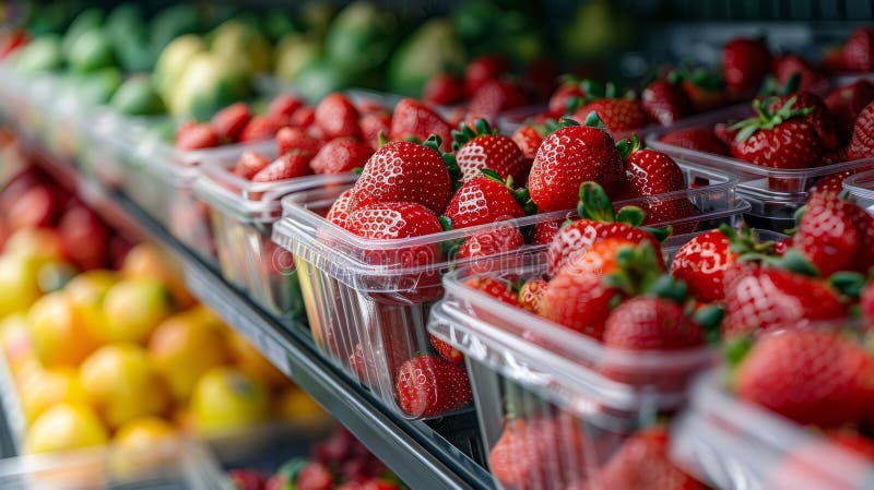 Plastic Containers of Strawberries in Grocery Store Aisle. Stock Photo ...