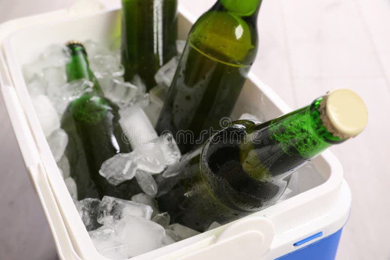 Plastic Cool Box with Ice Cubes and Beer, Closeup Stock Image - Image ...