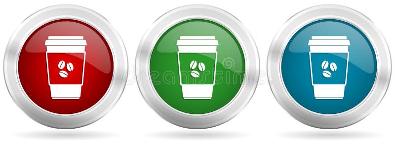 Plastic Cup of Coffe, Hot Drink Vector Icon Set. Red, Blue and Green ...