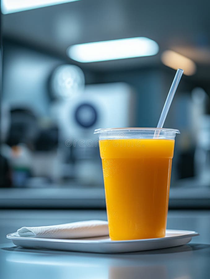 Plastic Cup of Orange Juice with a Straw on a Plate. Stock Image ...