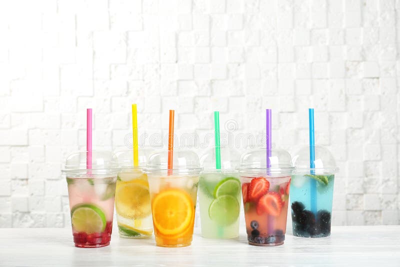 Plastic Cups with Lemonades on Table Stock Photo - Image of lemonade ...