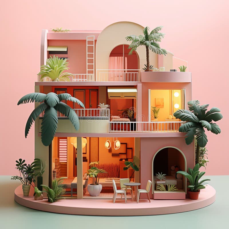 Plastic Cute Pink Dollhouse with Palms Stock Illustration ...