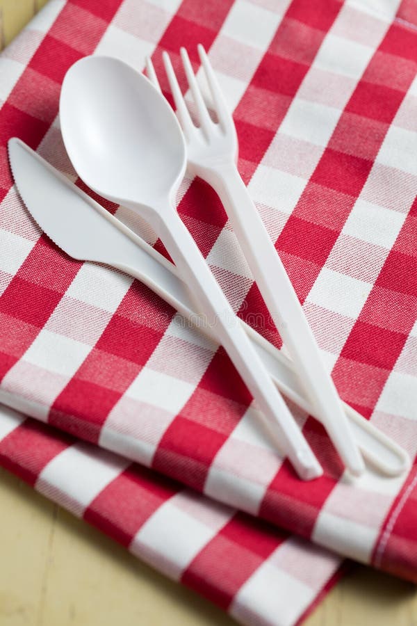 Plastic Cutlery on Checkered Tablecloth Stock Photo - Image of lunch ...