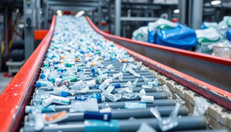 Plastic Debris Moving on a Conveyor in a Recycling Facility Stock Photo ...