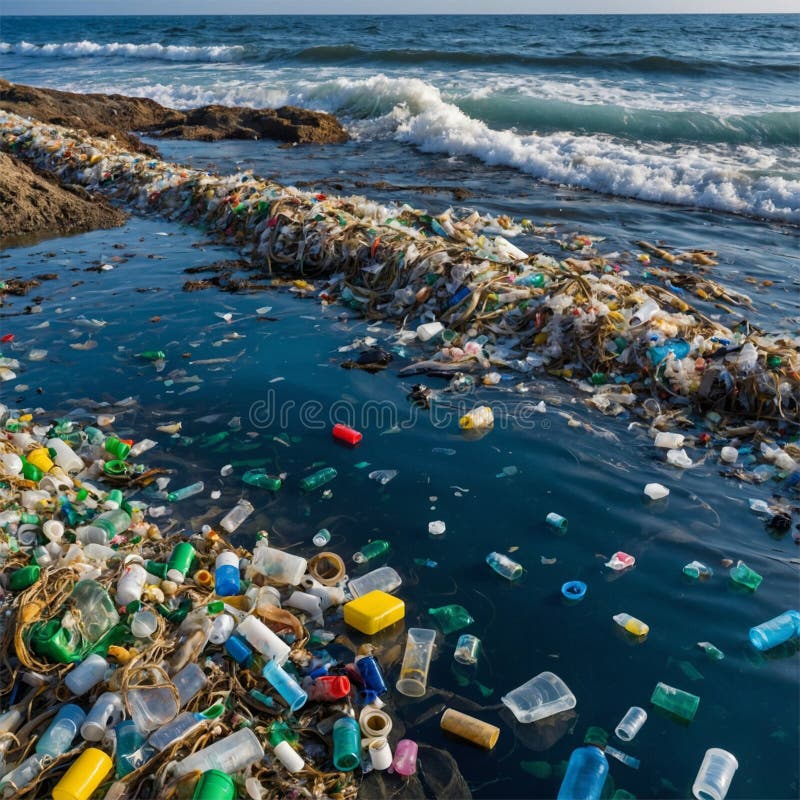 Plastic Pollution Along a Coastal Shoreline with Ocean and Blue Sky ...