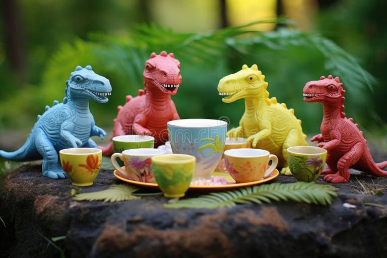 Plastic Dinosaurs Having a Pretend Tea Party with Tiny Cups and Plates ...