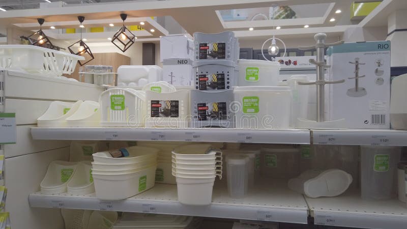 Plastic Dishes and Containers on a Shelf in a Hardware Store Stock ...