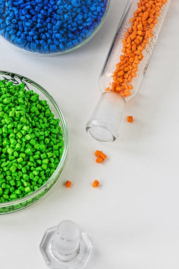 Plastic Factory Laboratory. Glass Flasks with Colored Dye in Granules ...
