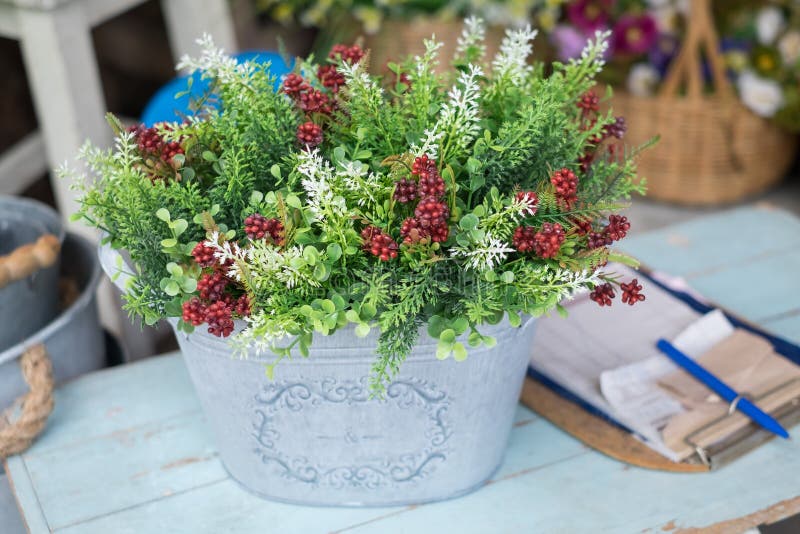 Plastic Flower in Potted on the Table. Stock Photo - Image of decor ...