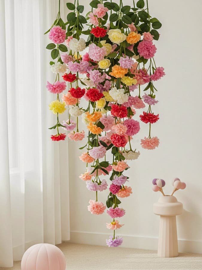 Plastic Flowers Arranged Together and Hanging Down As Room Decoration. Stock Image - Image of ...