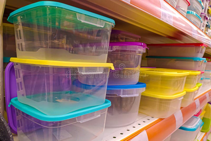 Plastic Food Containers on a Shelf in a Store. Colorful Containers on a ...
