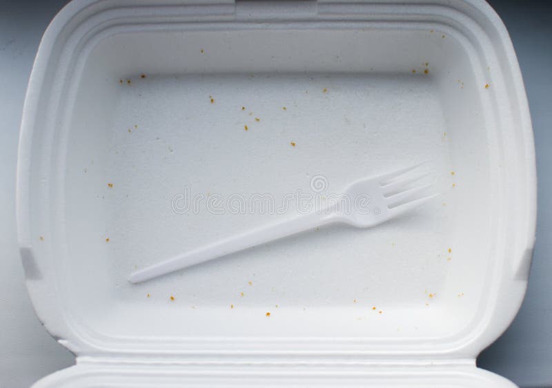Plastic Fork in Empty White Foam Box for Food. View from Above Stock ...