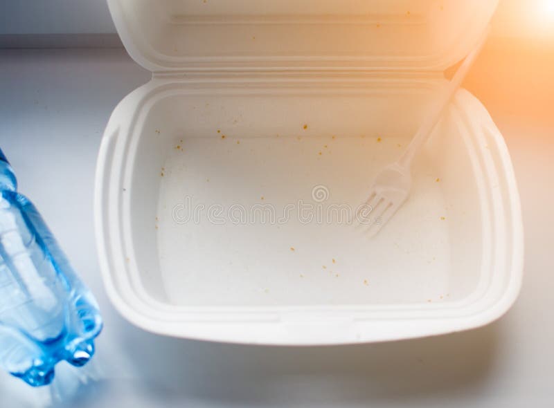 Plastic Fork in Open Empty White Foam Box for Food. View from Above ...