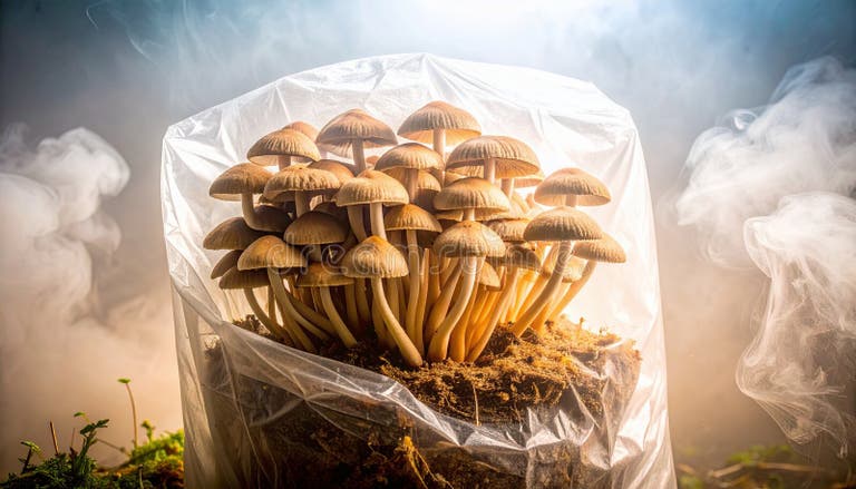 Honey Mushrooms Growing from a Plastic Package. Plastic Free July ...