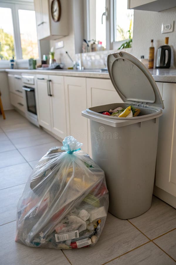 Plastic Garbage Bag and Trash Can in Kitchen Stock Illustration ...