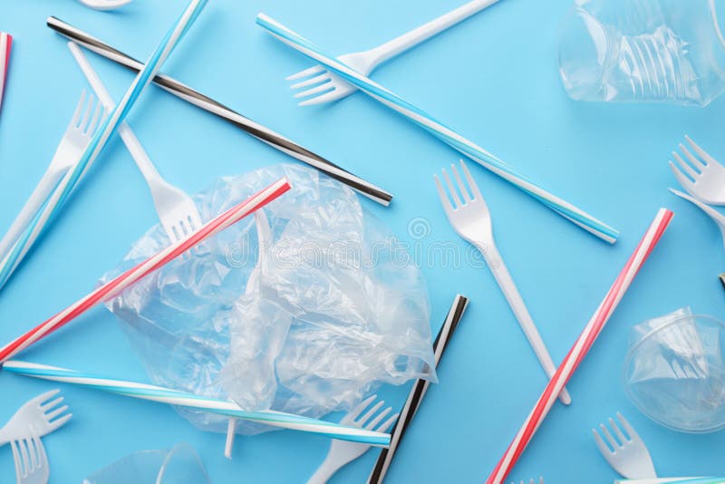 Plastic Garbage on Blue Background, Copy Space Stock Image - Image of ...