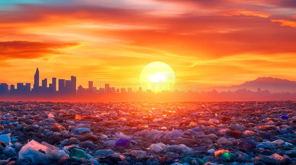 Plastic Waste Covering the Ground at Sunset with City Skyline Stock ...