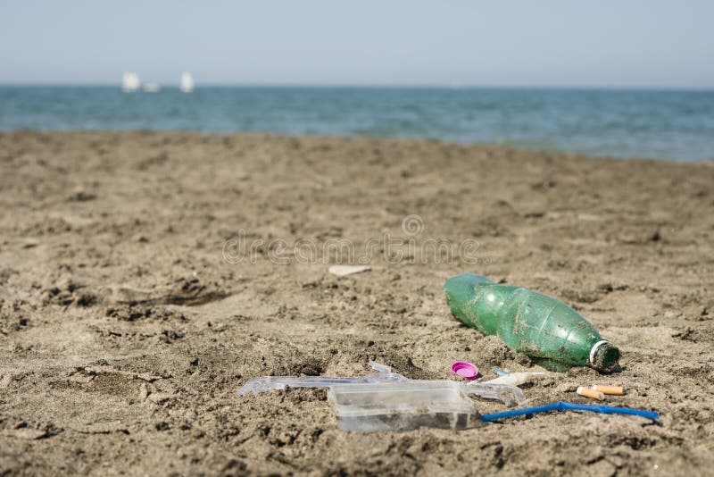 Plastic Garbage Left on a Sandy Beach. Stock Photo - Image of pollution ...