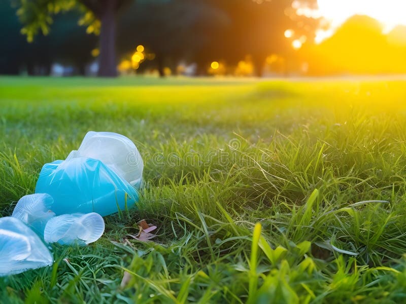 Plastic Garbage Lying on the Grass at Sunset.Plastic Pollution Stock ...