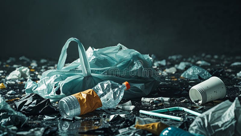 Plastic Garbage Polluting the Environment in a Dark Scene Stock ...