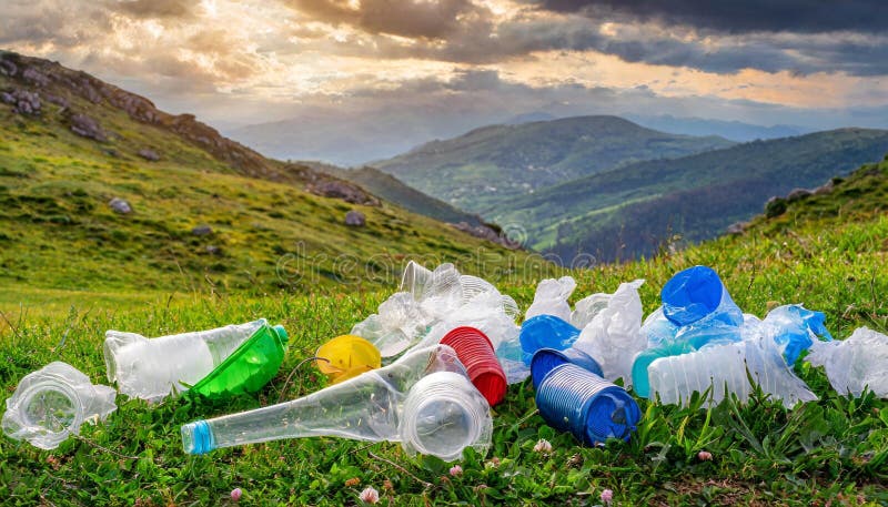 Plastic Garbage Scattered on Grass in Nature.ecology Concept Stock ...