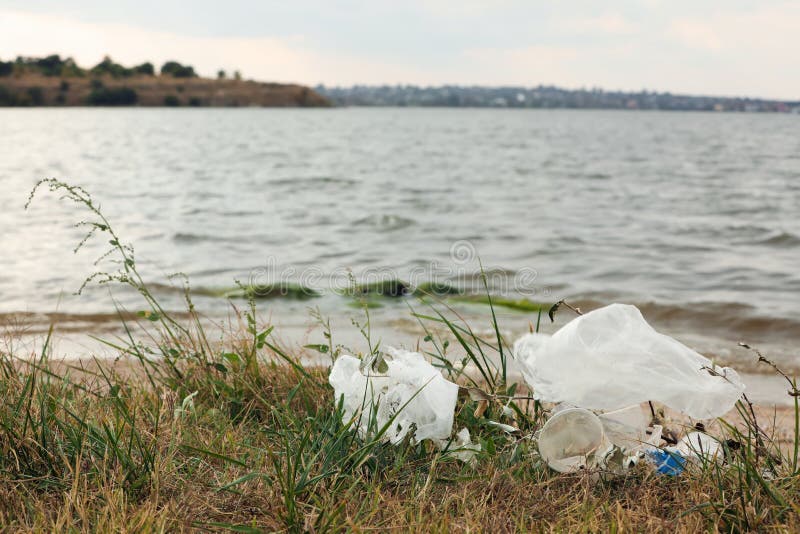 Plastic Garbage Scattered Grass Near River Stock Photos - Free ...