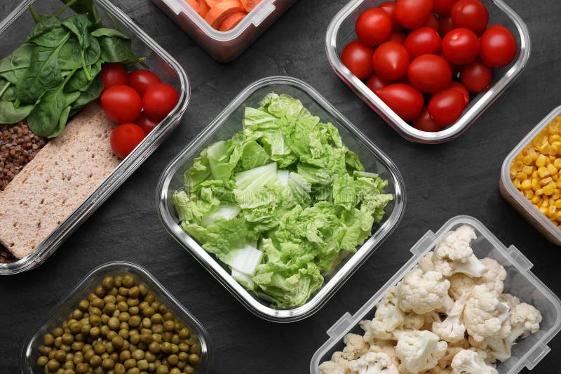 Plastic and Glass Containers with Different Fresh Products on Black ...