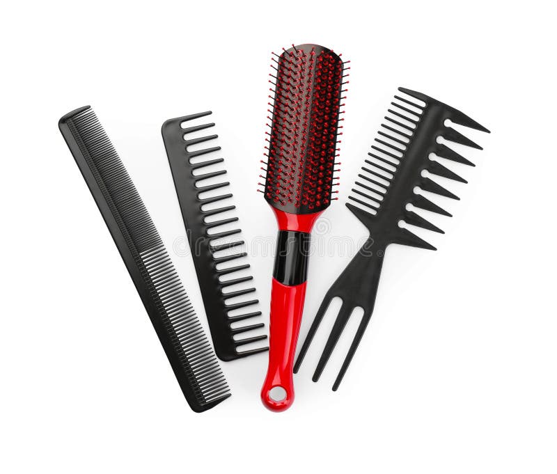Plastic Hair Brush and Combs Isolated on White, Top View Stock Photo ...