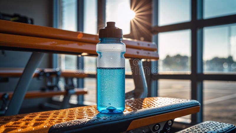 Plastic Hydration Bottle with Condensation on Sports Bench, Sun Flare ...