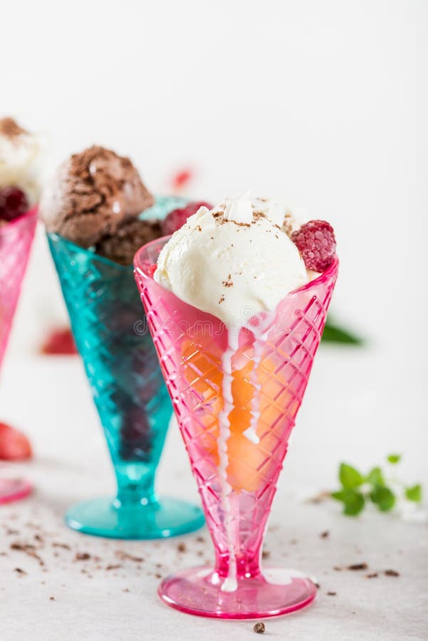 Plastic Ice Cream Sundae Cones with Chocolate and Vanilla Ice Cr Stock ...