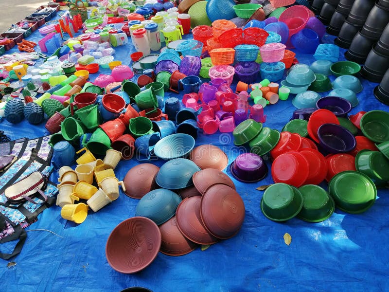 Plastic Items Sale in the Road Side Stock Photo - Image of blue ...