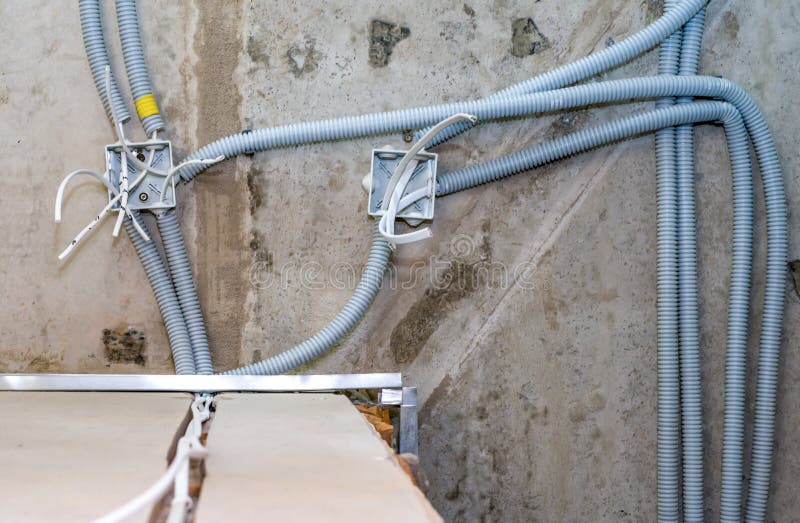 Plastic Junction Boxes and Cable in Corrugation Stock Image - Image of ...