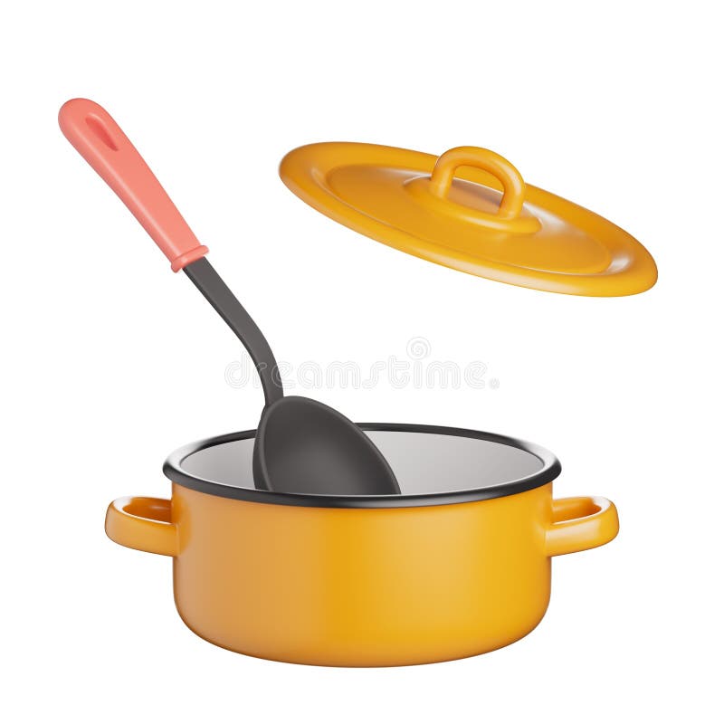 Plastic Kitchen Soup Ladle Inside an Open Pot with Lid Isolated on ...