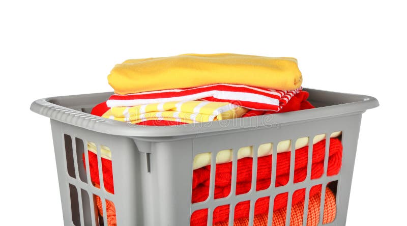 Plastic Laundry Basket with Clean Clothes Isolated on White Stock Photo ...
