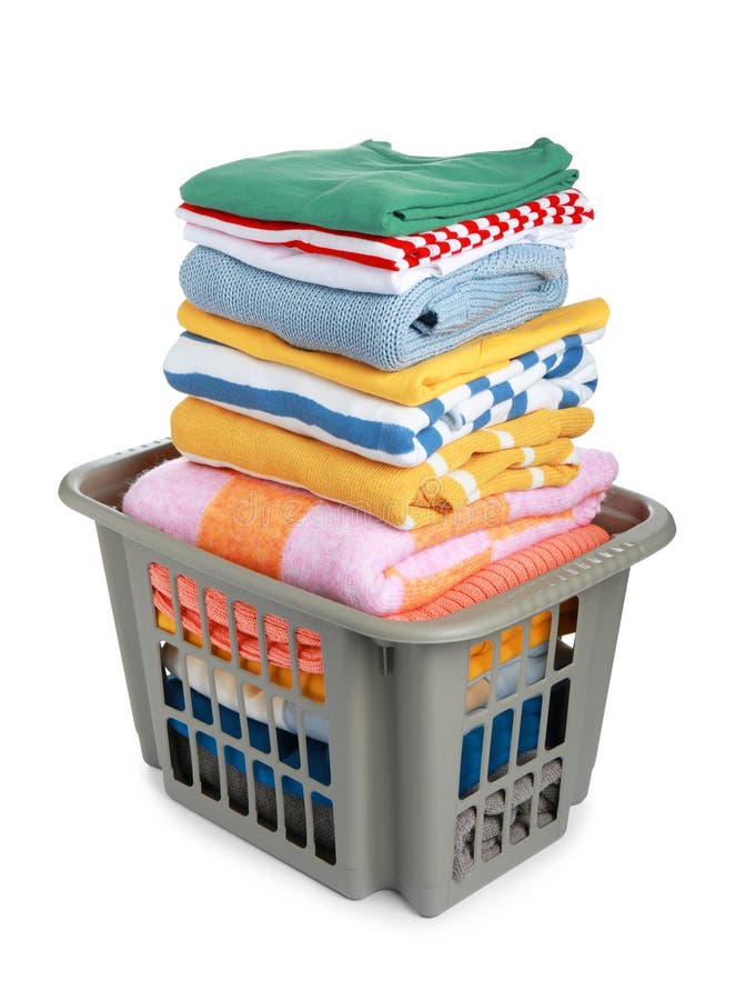 Plastic Laundry Basket with Clean Clothes Isolated on White Stock Image ...