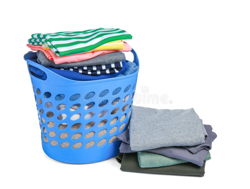 Plastic Laundry Basket and Clean Clothes Isolated on White Stock Image ...