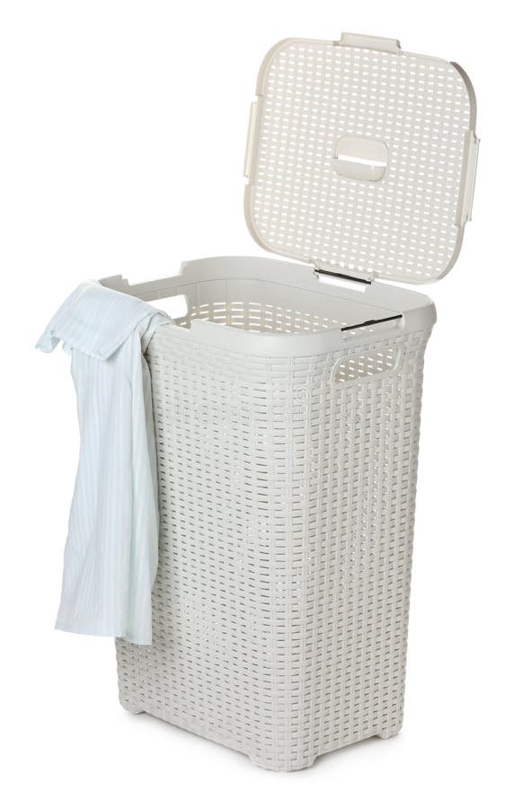 Plastic Laundry Basket with Garment Isolated on White Stock Photo ...