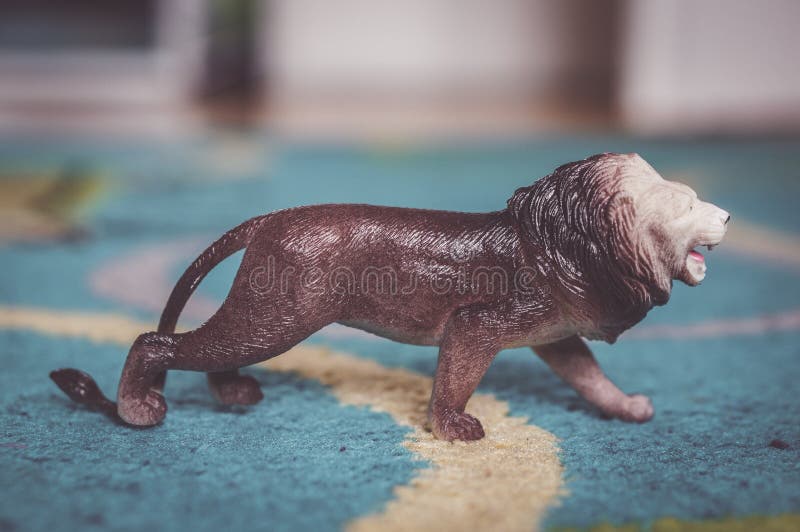 Plastic Lion Toy with Party Hat on a Colorful Spots Wooden Table Stock ...