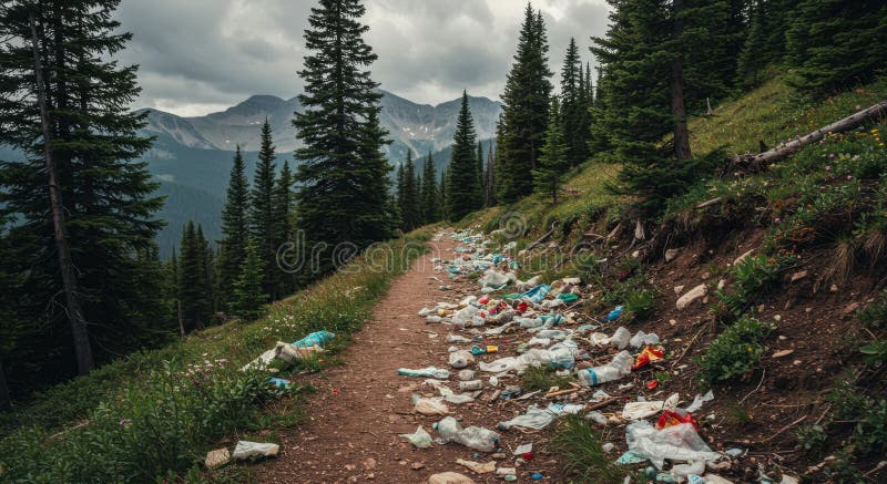 Plastic Litter on Mountain Trail Surrounded by Evergreen Trees and ...