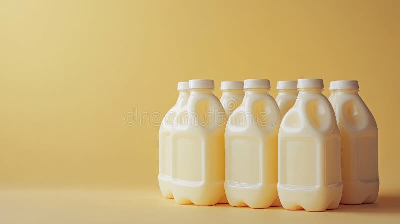 Plastic Milk Bottles on a Yellow Background. Stock Image - Image of ...