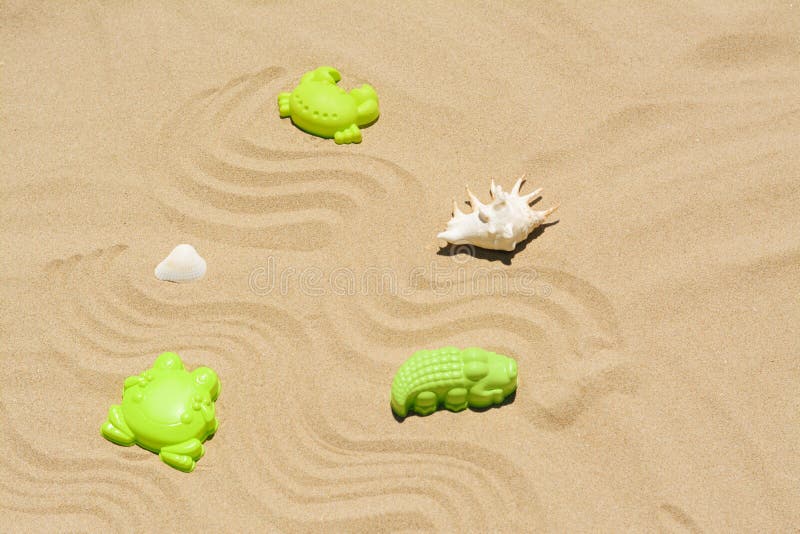 Plastic Molds and Shells on Sand. Beach Toy Stock Image - Image of ...