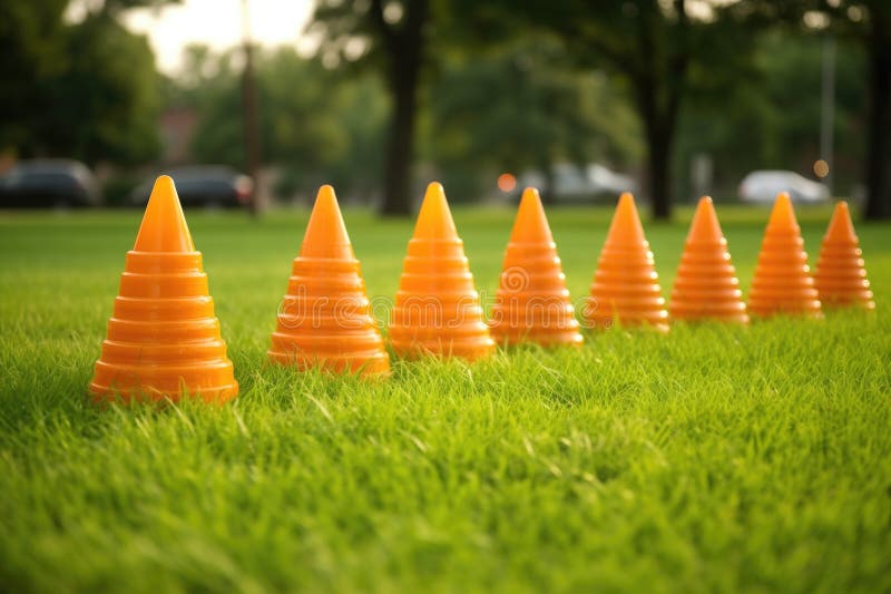 Plastic Orange Cones in a Row on Turf Stock Illustration - Illustration ...