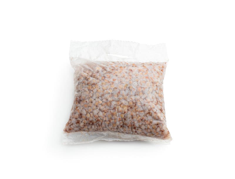 Plastic Package with Boiled Buckwheat Isolated on White Background ...