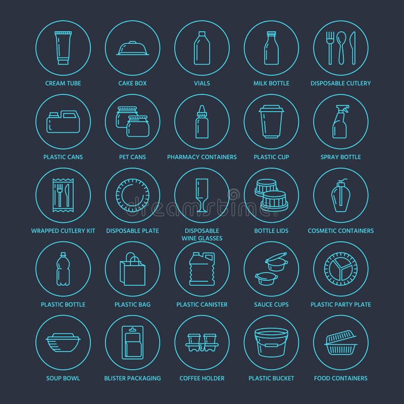 Plastic Packaging, Disposable Tableware Line Icons. Product Packs ...